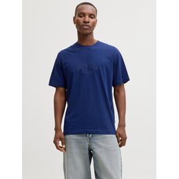 Jack & Jones T-Shirt JACK & JONES "JORBLEECKER BRANDING TEE SS CN", Damen, Gr. L, ocean cavern detail:org, Jersey, Obermaterial: 100% Baumwolle, unifarben, relaxed fit, Rundhals, Shirts T-Shirt