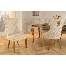 Riess Ambiente Barock Stuhl CASTLE DELUXE beige Samt gold Edelstahl mit L&ouml;wenkopf Ziernieten Riess-Ambiente Esszimmerstuhl K&uuml;chenstuhl