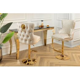 Riess Ambiente H&ouml;henverstellbarer Barhocker CASTLE DELUXE beige Samt gold Edelstahl mit L&ouml;wenkopf Riess-Ambiente f&uuml;r K&uuml;che Tresenhocker Bistrohocker K&uuml;chenhocker...