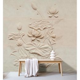 Livingwalls living walls Vliestapete &raquo;Relief-Tapete mit Lotusbl&uuml;ten Creme Beige 3D&laquo; matt glatt Vlies