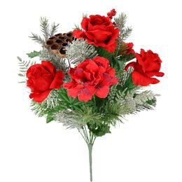 I.GE.A. Kunstblumenstrau&szlig; &raquo;Bouquet Rosen/Hortensien&laquo; Tannenzweige Lotus Weihnachtsdeko Weihnachtsblume Str&auml;u&szlig;e Dekoblumen rot