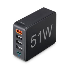 Hama USB-Ladeger&auml;t &raquo;Schnellladeger&auml;t 5 Ports 51W schwarz, 1x QC 3.0 3x USB A 1x USB C PD&laquo; 2 Stk. tlg. schwarz Netzanschluss von 100&ndash;240V geeignet...