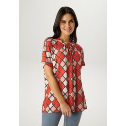 Aniston SELECTED Kurzarmbluse rot-schwarz-apricot-beige 48 48 Crepe-Bluse in extra weiter Form