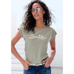 Beach Time Beachtime Damen T-Shirt &raquo;mit Frontdruck "Smile"&laquo; aus weicher Baumwoll-Qualit&auml;t gr&uuml;n 32/34