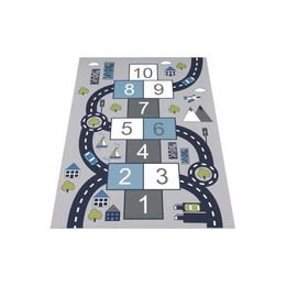 KADIMA DESIGN Kinderteppich waschmaschinenwaschbar Zahlen‐H&uuml;pfk&auml;stchen in Grau | Gr.: 160cm rund