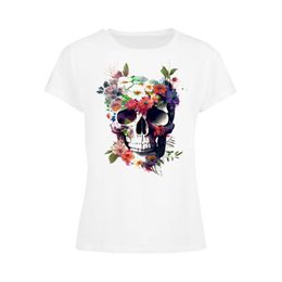 F4NT4STIC Ladies Box T-Shirt Totenkopf Blumen in wei&szlig; | Gr.: M
