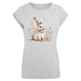 F4NT4STIC T-Shirt Niedlicher Osterhase mit Blumen in grau meliert | Gr.: 4XL
