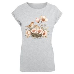F4NT4STIC Extended Shoulder T-Shirt Vogelnest Blumen in grau meliert | Gr.: XS