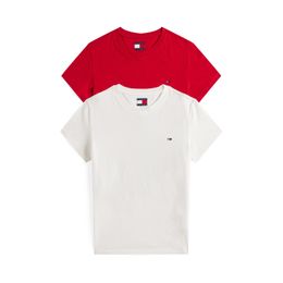 T-Shirt Tommy Jeans "TJW 2PACK C-NECK TEE", Damen, Gr. XL (42), beige (ecru, sapphire rot), Single Jersey, Obermaterial: 100% Baumwolle, gestreift, slim fit hüftlang, Rundhals, abgesteppt, Shirts T-Shirt, mit Logo-Stickerei
