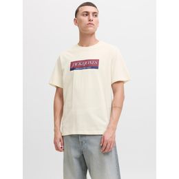 Jack & Jones T-Shirt JACK & JONES "JORINWOOD BLOCK BRANDING TEE SS CN", Damen, Gr. L, antique wei&szlig;, Jersey, Obermaterial: 100% Baumwolle, bedruckt, regular fit normal, Rundhals, Shirts T-Shirt