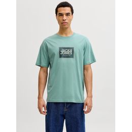 Jack & Jones Rundhalsshirt JACK & JONES "JJRAIN TEE SS CREW NECK", Damen, Gr. L, mineral blau, Jersey, Obermaterial: 100% Baumwolle, bedruckt, regular fit h&uuml;ftbedeckend, Rundhals, Shirts Rundhalsshirt
