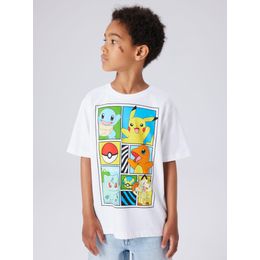 T-Shirt name it "NKMDAMS POKEMON SS NREG TOP BOX NOOS SKY", Jungen, Gr. 134/140, hellweiß, Jersey, Obermaterial: 100% Baumwolle, bedruckt, unifarben, Basic hüftlang, Rundhals, Shirts T-Shirt