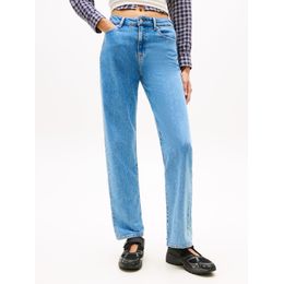 Straight-Jeans Tommy Jeans "KIRA MR SLIM STR", Damen, Gr. 26, L&auml;nge 30, denim light, Denim/Jeans, Obermaterial: 99% Baumwolle, 1% Elasthan, Abriebeffekte, regular fit kn&ouml;chellang, Jeans Straight-Jeans