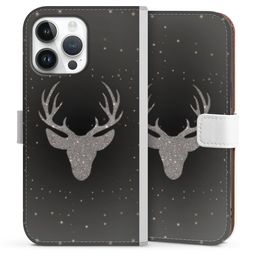 DeinDesign iPhone 14 Pro Max Handy Klapphülle Handyhülle aus Kunst Leder weiß Flip Case Deer Glitzer Winter Sideflip mit Lasche