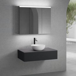 neoro n50 Unterschrank B: 100 cm mit 1 Auszug, Waschtisch &Oslash; 45 cm wei&szlig; matt, mit Spiegelschrank,, BN0106WM+BN0413BM+BN0403GR+BN0474MI,