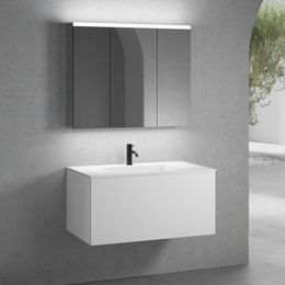 neoro n50 Unterschrank B: 100 cm mit 1 Auszug, Waschtisch mit 1 Hahnloch wei&szlig;, mit Spiegelschrank f&uuml;r die Schweiz,, BN0096WH+BN0433WM+BN0487MI,