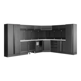 Kraftwerk 8-Element-Schrankwand mit Vierkantlochwand Länge 3819 mm 2824 mm Inox Arbeitsplatte (3964E-BLK-IX)