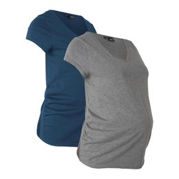 Umstandsshirt bonprix, Damen, Gr. 40/42 (M), blau (dunkelblau, grau meliert), Obermaterial: 95% Baumwolle, 5% Elasthan, unifarben, figurumspielend, V-Ausschnitt, Shirts Umstandsshirt
