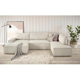 Wohnlandschaft Home Affaire "SHERWOOD U-Form, 329 cm - OTTO. Verl&auml;ssliche Qualit&auml;t.", beige (hellbeige), B:329cm H:85cm T:195cm, 100% Polyester, Sofas, Wohnlandschaft, Schlaffunktion m. Bettkasten (194x139 cm), Cord, Vintage, Samtvelours