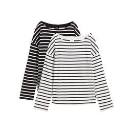 Langarmshirt bonprix, Damen, Gr. 52/54 (XXL), wei&szlig; (wei&szlig;, schwarz gestreift, schwarz, wei&szlig; gestreift), Web, Obermaterial: 100% Baumwolle, gestreift, oversize normal, U-Boot-Ausschnitt, gerader Abschluss, Shirts Langarmshirt, Langarmshirt aus reiner Baumwolle, (2er Pack)
