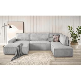 Wohnlandschaft Home Affaire "SHERWOOD U-Form, 329 cm - OTTO. Verl&auml;ssliche Qualit&auml;t.", grau (hellgrau), B:329cm H:85cm T:195cm, 100% Polyester, Sofas, Wohnlandschaft, Schlaffunktion m. Bettkasten (194x139 cm), Cord, Vintage, Samtvelours