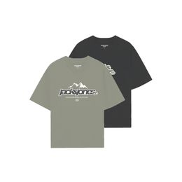 Jack & Jones Rundhalsshirt JACK & JONES JUNIOR "JCOFLARE FRONT TEE SS CN FST 2PK MP JNR", Jungen, Gr. 128, schwarz pack:with vetiver, Single Jersey, Obermaterial: 100% Baumwolle, bedruckt, normal, Rundhals, Shirts Rundhalsshirt