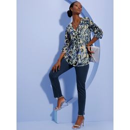 CR&Eacute;ATION L Longbluse CREATION L, Damen, Gr. 36, champagner, royalblau, bedruckt, 100% Polyester, gemustert, mehrfarbig, V-Ausschnitt, Blusen Longbluse