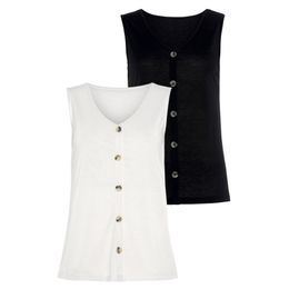 Shirttop Lascana "mit Zierknopfleiste", Damen, Gr. 36/38, beige (creme, schwarz), Obermaterial: 65% Polyester (REPREVE), 35% Viskose, unifarben, bequem, V-Ausschnitt, Tops Shirttop, aus pflegeleichter Qualit&auml;t