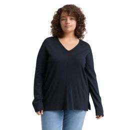 Strickpullover Tom Tailor PLUS, Damen, Gr. 46, lunar eclipse, Strick, Obermaterial: 85% Viskose, 15% Polyamid, unifarben, loose fit taillenbedeckt, V-Ausschnitt, Rippb&uuml;ndchen, Pullover Strickpullover, mit Ziernaht