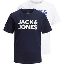 Jack & Jones Rundhalsshirt JACK & JONES JUNIOR "JJECORP mit Druck und Rundhals f&uuml;r coolen Look", Jungen, Gr. 152 (158), blau (navy), Single Jersey, Obermaterial: 100% Baumwolle, bedruckt, regular fit normal, Rundhals, Shirts Rundhalsshirt, bedruckt, modisch, regular fit, Single Jersey, Rundhals