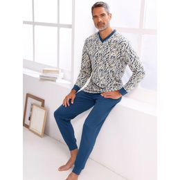 Schlafanzug, Damen, Gr. 52/54, sand, jeansblau, bedruckt, 100% Baumwolle, Homewear-Sets Schlafanzug
