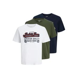 Jack & Jones Rundhalsshirt JACK & JONES "JJELOGO TEE SS O-NECK 2 COL AW25 3PK MP", Herren, Gr. L, sky captain pack:sky captain, cloud dancer, duffel bag, Jersey, Obermaterial: 100% Baumwolle, bedruckt, regular fit normal, Rundhals, Shirts Rundhalsshirt