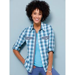 Karobluse Classic Basics, Damen, Gr. 44, türkis, weiß, kariert, 75% Polyester, 25% Baumwolle, Einsatz:100% Baumwolle, gemustert, kariert, mehrfarbig, Blusen Karobluse