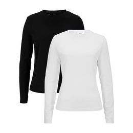 Langarmshirt bonprix "Langarmshirt mit reiner Baumwolle (2er Pack)", Damen, Gr. 44/46 (L), weiß (weiß, schwarz), Web, Obermaterial: 95% Baumwolle, 5% Elasthan, unifarben, slim fit normal, Rundhals, gerader Abschluss, Shirts Langarmshirt, Langarmshirt mit reiner Baumwolle (2er Pack)