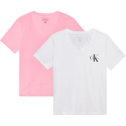 T-Shirt Calvin Klein Jeans "A- Logo VN 2 pack Tee", Damen, Gr. L (42), rosa (wei&szlig;, pink), Single Jersey, Obermaterial: 100% Baumwolle, unifarben, regular fit normal, V-Ausschnitt, eingesetzt abgesteppte Kante, Shirts T-Shirt, Mit V-Ausschnitt