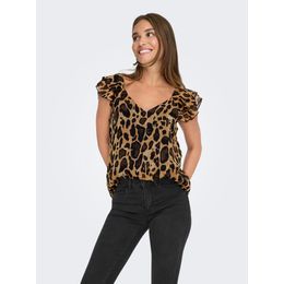 Blusenshirt Only "ONLASTA LIFE CAPSLEEVE V-NECK TOP PTM", Damen, Gr. S, schwarz (schwarz aop:warm leo), Jersey, Obermaterial: 100% Polyester, bedruckt, loose fit normal, V-Ausschnitt, Shirts Blusenshirt