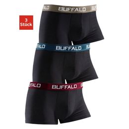 Boxer Buffalo "Boxershorts f&uuml;r Jungen", Jungen, Gr. 128, 3 Stk., bunt (schwarz, bordeaux, schwarz, gr&uuml;n, schwarz, grau), Jersey, Obermaterial: 95% Baumwolle, 5% Elasthan, unifarben, k&ouml;rpernah, Unterhosen, mit kontrastfarbenem B&uuml;ndchen