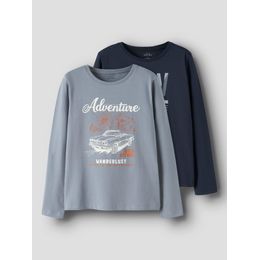 Langarmshirt name it "NKMVUX 2P LS TOP", Jungen, Gr. 122/128, navy blazer pack:tradewinds, wild nature, Jersey, Obermaterial: 95% Baumwolle, 5% Elasthan, bedruckt, regular fit normal, Rundhals, Shirts Langarmshirt