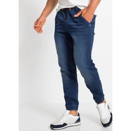 bonprix Regular Fit Jeans-Jogger mit Dehnbund Straight, blau, Gr.56, Trendige Sweatjeans-Joggpants in Crinkle-Optik und Kontrastdetails., 73% Baumwolle