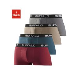 Hipster Buffalo, Herren, Gr. S, 4 Stk., bunt (bordeaux, petrol, khaki, grau), Jersey, Obermaterial: 95% Baumwolle, 5% Elasthan, unifarben, k&ouml;rpernah, Unterhosen, knapp sitzende Boxershorts mit Kontrastbund aus Baumwollmischung