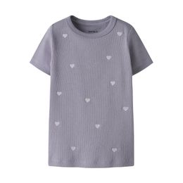 T-Shirt name it "NMFNAKAL SS SLIM TOP NOOS", M&auml;dchen, Gr. 92, lavender gray, Jersey, Obermaterial: 95% Baumwolle, 5% Elasthan, bedruckt, slim fit h&uuml;ftlang, Rundhals, Shirts T-Shirt