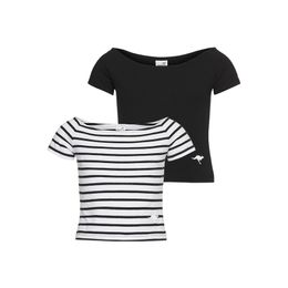 Carmenshirt Kangaroos "2er Pack T-Shirts", M&auml;dchen, Gr. 128/134, schwarz (ringel, schwarz), Single Jersey, Obermaterial: 95% Baumwolle, 5% Elasthan, geringelt, eng taillenlang, Carmenausschnitt, Raglan&auml;rmel, Shirts, 1x uni + 1x geringelt