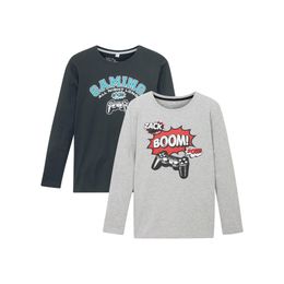 Langarmshirt bonprix, M&auml;dchen, Gr. 152/158, schwarz (schwarz, hellgrau meliert bedruckt), Obermaterial: 100% Baumwolle, Shirts Langarmshirt