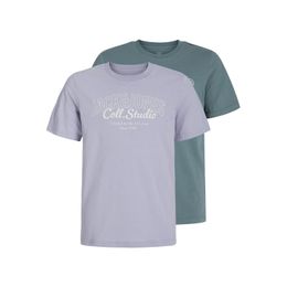 Jack & Jones T-Shirt JACK & JONES JUNIOR "JJMAKOTO TEE SS CREW NECK 2PK JNR", Jungen, Gr. 140, languid lavender pack:stormy weather (big), Single Jersey, Obermaterial: 100% Baumwolle, bedruckt, regular fit normal, Rundhals, Shirts T-Shirt