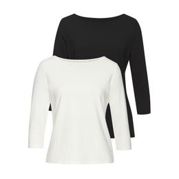 3/4-Arm-Shirt Lascana, Damen, Gr. 36/38, beige (creme, schwarz), Single Jersey, Obermaterial: 50% Baumwolle, 45% Modal (TENCEL™), 5% Elasthan, unifarben, Basic, bequem, U-Boot-Ausschnitt, Shirts 3/4-Arm-Shirt, aus elastischer Baumwoll-Modal-Qualität
