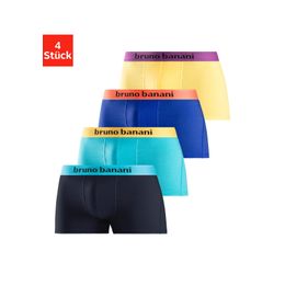 Boxer Bruno Banani "Boxershorts f&uuml;r Herren", Herren, Gr. L, 4 Stk., bunt (gelb, t&uuml;rkis, royalblau, navy), Jersey, Obermaterial: 95% Baumwolle, 5% Elasthan, unifarben, k&ouml;rpernah, Unterhosen, mit farbigen Marken-Schriftzug am B&uuml;ndchen