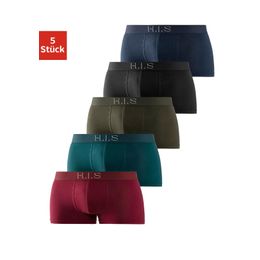 H.I.S. Hipster H.I.S, Herren, Gr. L, 5 Stk., bunt (petrol, bordeaux, schwarz, olivgr&uuml;n, navy), Jersey, Obermaterial: 95% Baumwolle, 5% Elasthan, unifarben, k&ouml;rpernah, Unterhosen, knapp sitzende Boxershorts am Webbund mit Logoschriftzug mit 3D Effekt