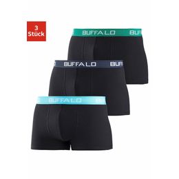 Boxer Buffalo "Boxershorts f&uuml;r Jungen", Jungen, Gr. 104, 3 Stk., blau (schwarz, t&uuml;rkis, schwarz, gr&uuml;n, schwarz, marine), Jersey, Obermaterial: 95% Baumwolle, 5% Elasthan, unifarben, k&ouml;rpernah, Unterhosen, mit kontrastfarbenem B&uuml;ndchen