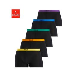 H.I.S. Boxer H.I.S "Boxershorts f&uuml;r Herren", Damen, Gr. M, 5 Stk., schwarz (schwarz, lila, schwarz, blau, schwarz, gr&uuml;n, schwarz, gelb, schwarz, orange), Jersey, Obermaterial: 95% Baumwolle, 5% Elasthan, unifarben, eng, Unterhosen, mit Steifen und Logo im Bund