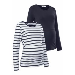 Umstandsshirt Neun Monate "2er Pack Shirts f&uuml;r Schwangerschaft und Stillzeit", Damen, Gr. 36/38, blau (blau, wei&szlig;, geringelt), Jersey, Obermaterial: 95% Baumwolle, 5% Elasthan, geringelt, unifarben, Basic, figurbetont h&uuml;ftlang, Rundhals, abgesteppte Kante, Shirts Umstandsshirt, Langarm, figurbetont, unifarben oder geringelt